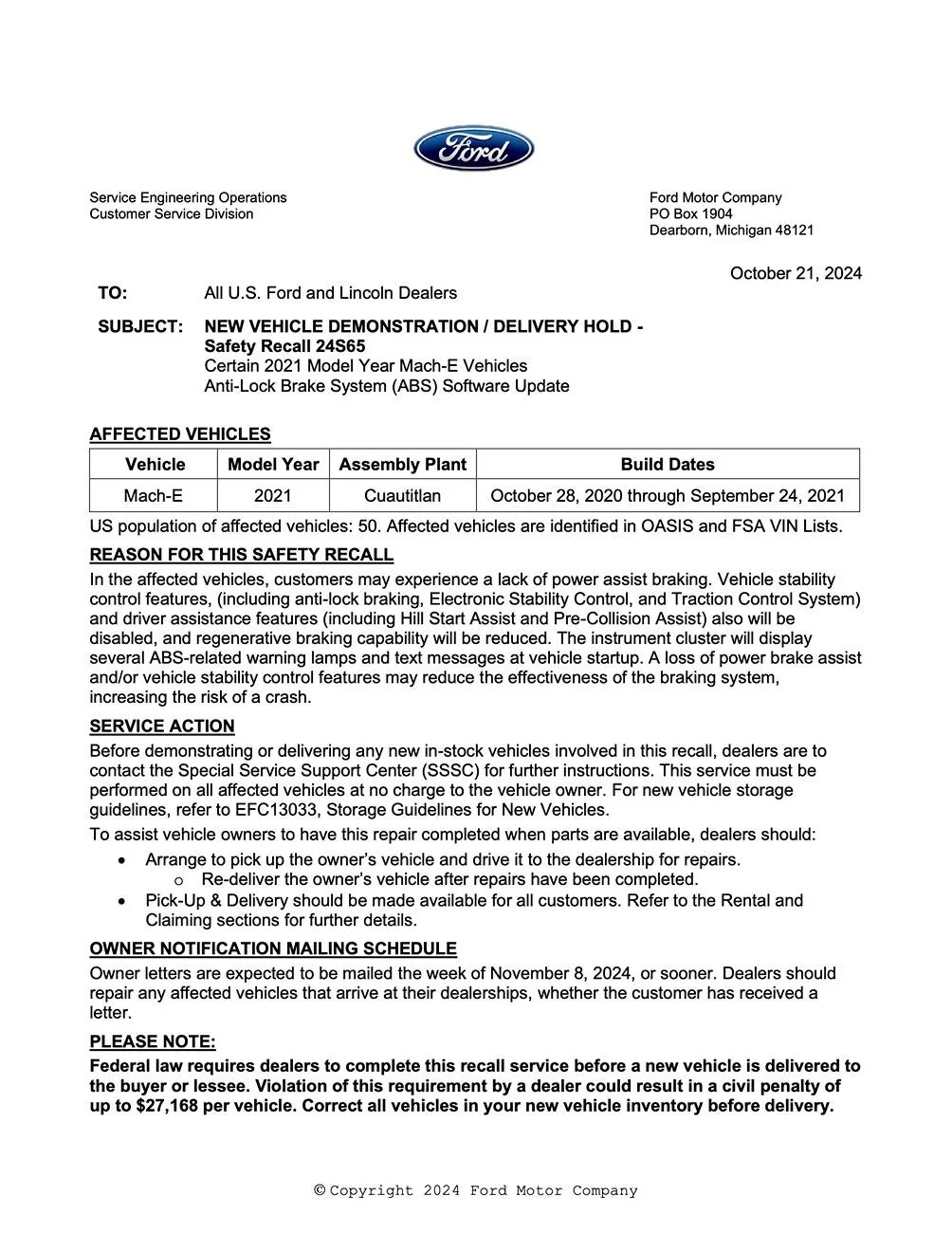 Recall 24S65 - 2021 Mach-E Anti-Lock Brake System (ABS) Software Update | MachEforum - Ford ...