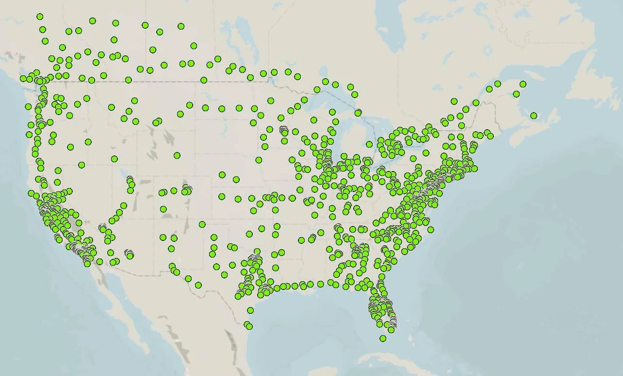 Map of Rivian Adventure Network (RAN) charging sites open to all EV's ...