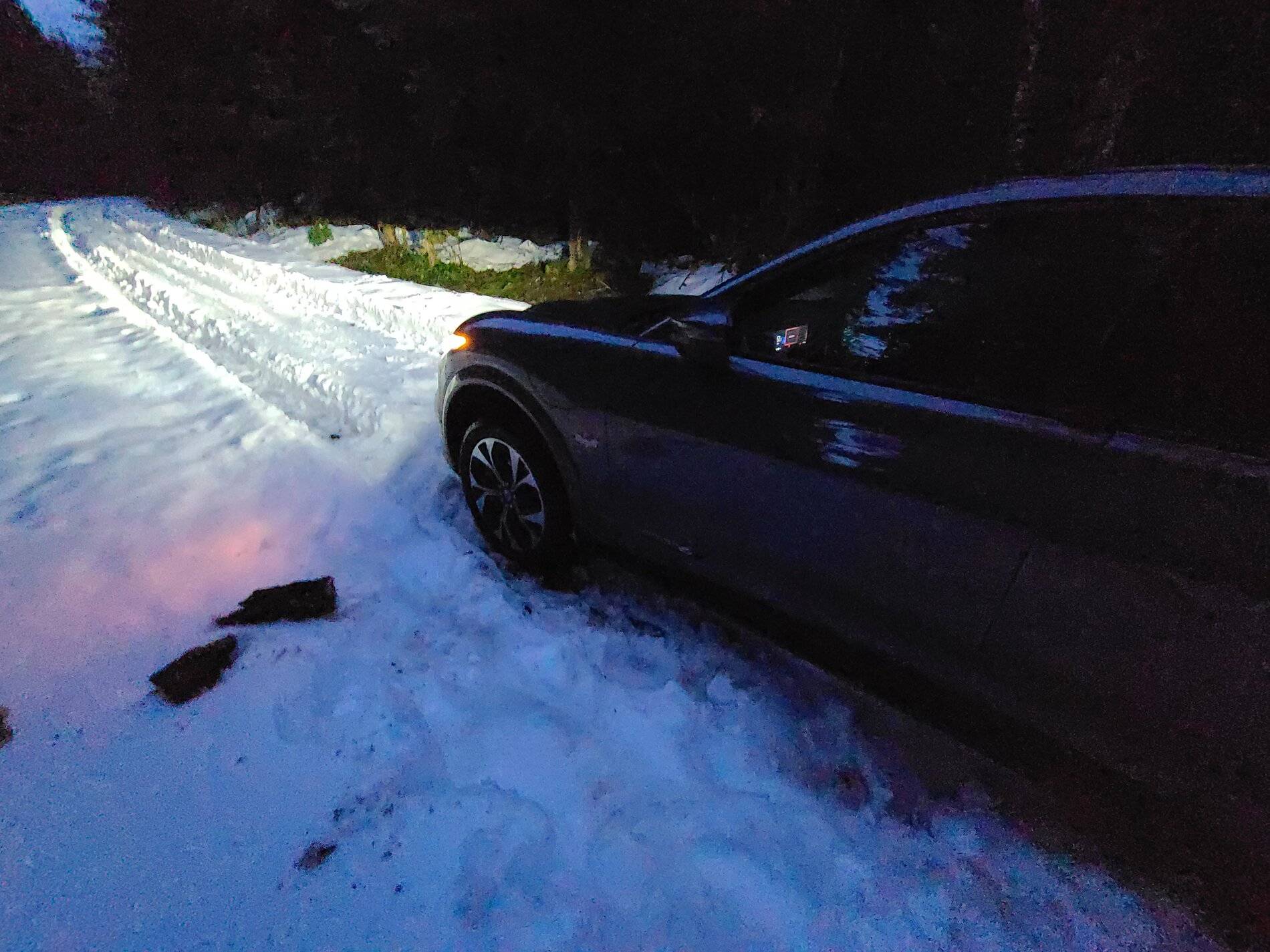 Mach-E stuck in snow, owners spend night in the car before they got ...