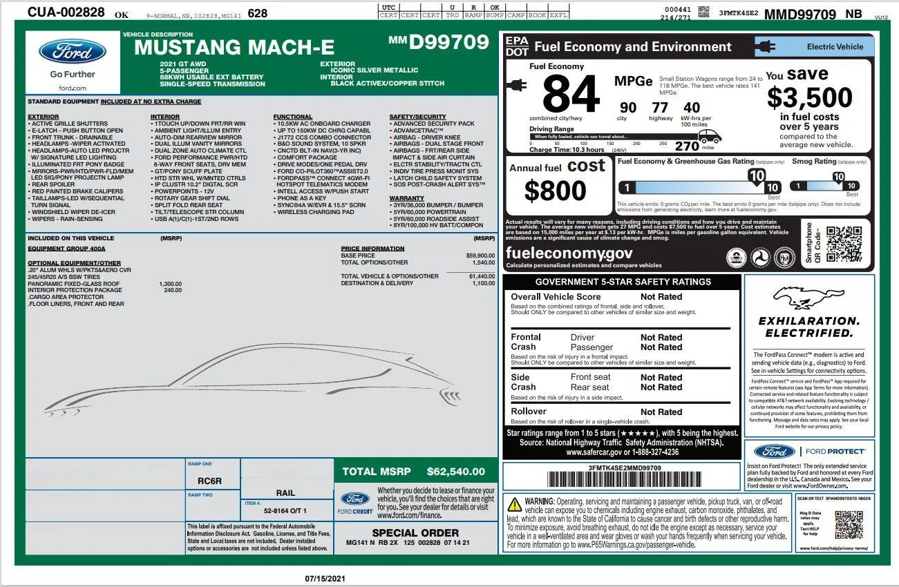 Mach-E GT Window Sticker and VIN Question | MachEforum - Ford Mustang ...
