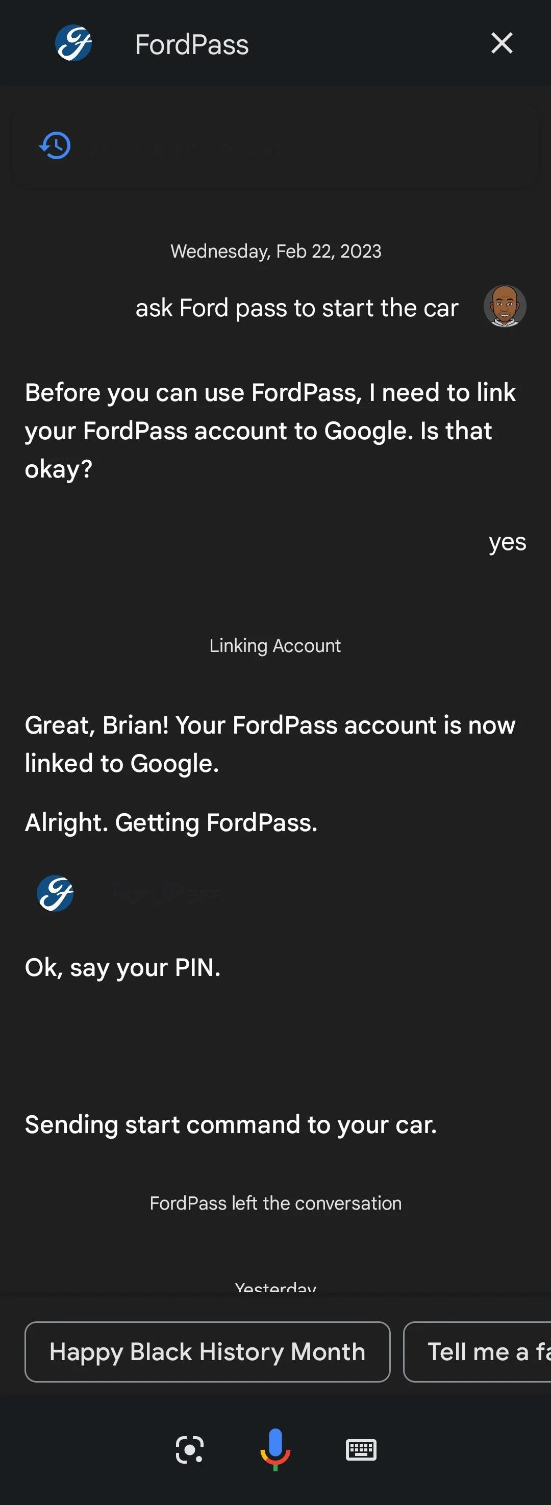 "OK, Google. Ask FordPass to start the car" (FordPass Actions via ...